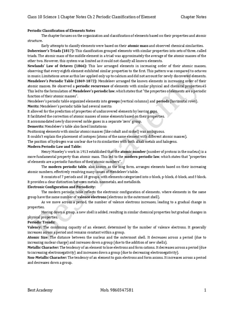 Class 10 Science 1 Chapter Notes CH 2 Periodic Classification of ...