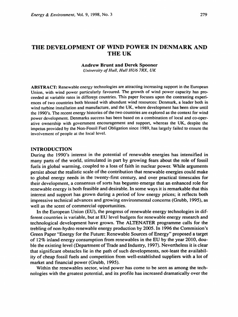 Brunt Spooner 1998 The Development of Wind Power in Denmark and The Uk ...