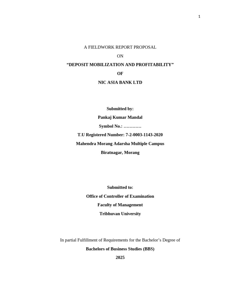 A FIELDWORK REPORT PROPOSAL Pankaj | PDF | Banks | Deposit Account