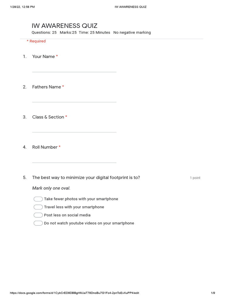 IW AWARENESS QUIZ- Google Forms | PDF | Computer Virus | Malware