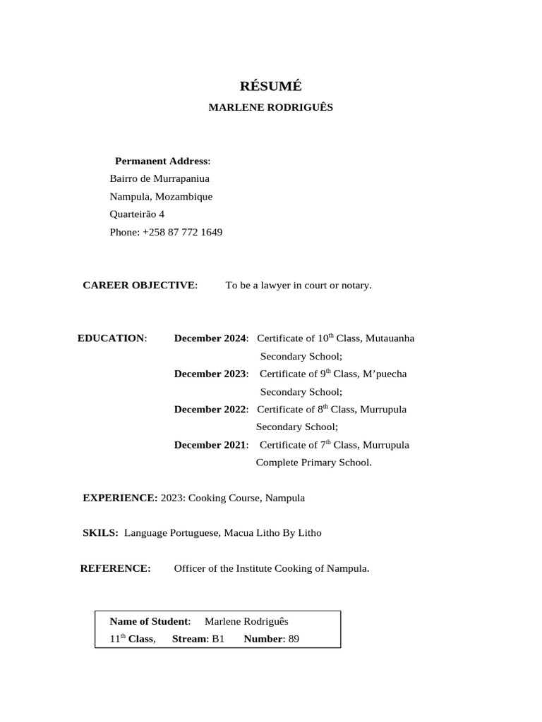Marlene Rodrigues' Simple Resume | PDF