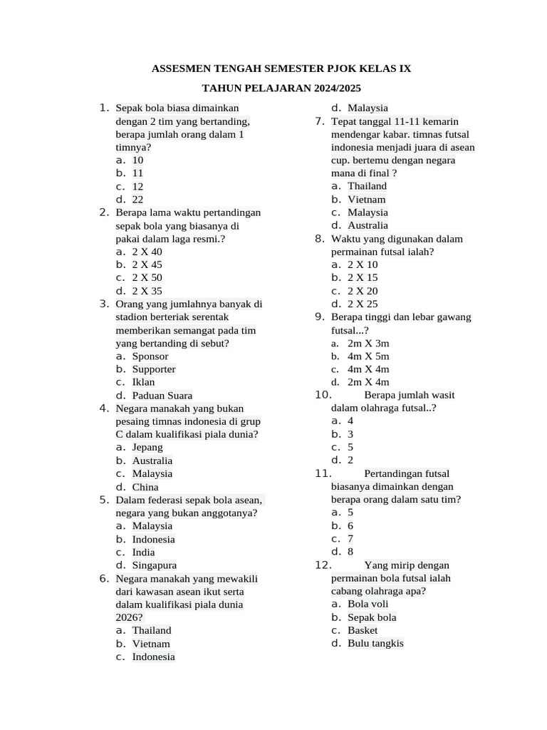 SOAL_PTS_PJOK_KLS_9_SMESTER_GENAP_2024-2025 | PDF
