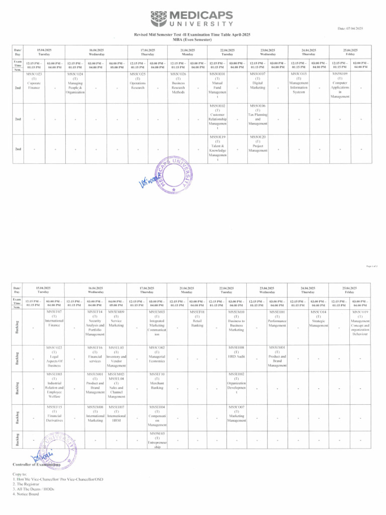 Revised MBA All Branches (Even Semester) Time Table Mid Semester Test ...