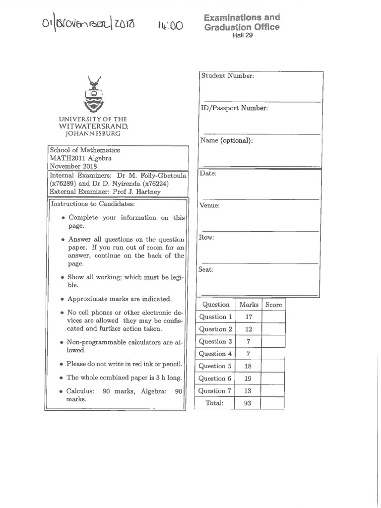 2018-11 MATH2011 - Algebra | PDF