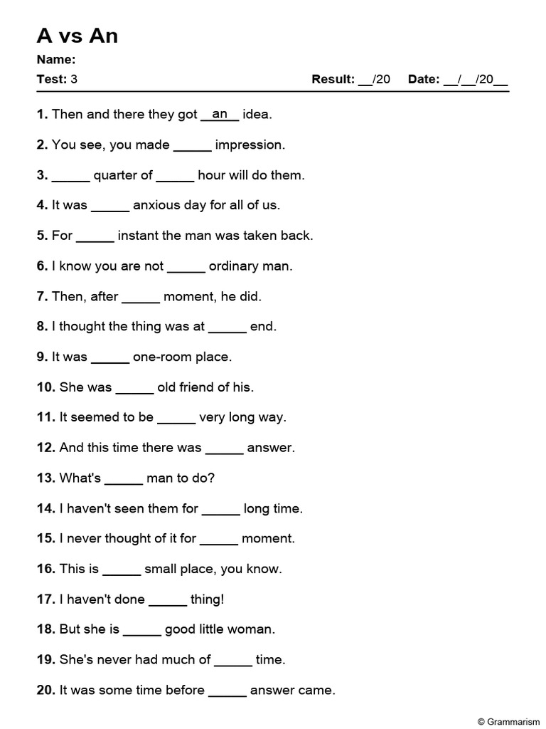 Grammarism A Vs An Test 3 1343500 | PDF