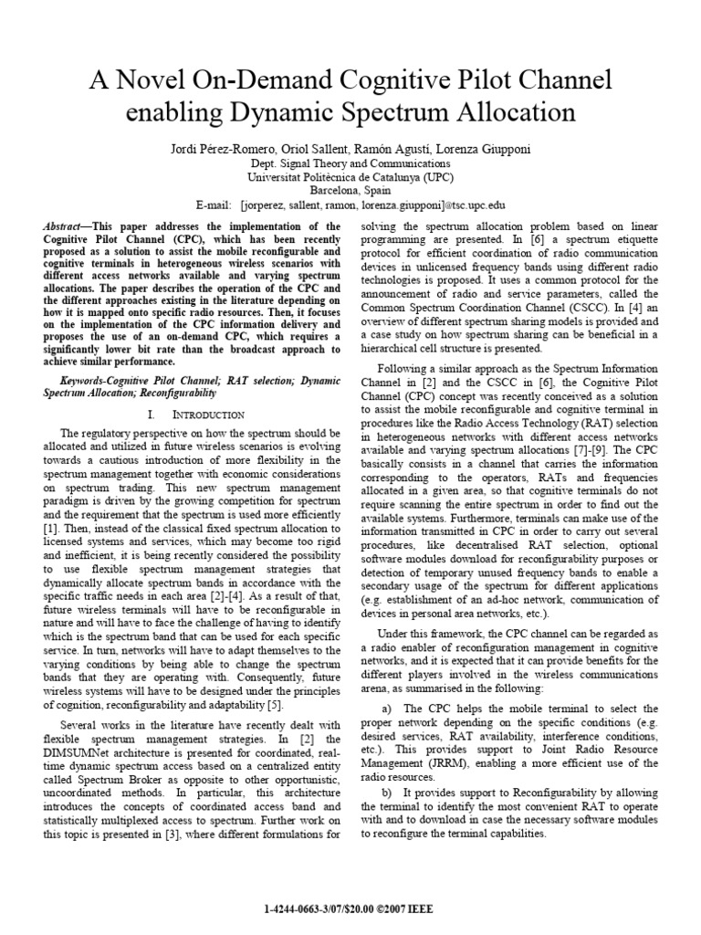 A Novel On-Demand Cognitive Pilot Channel enabling Dynamic Spectrum Allocation | PDF | Radio ...