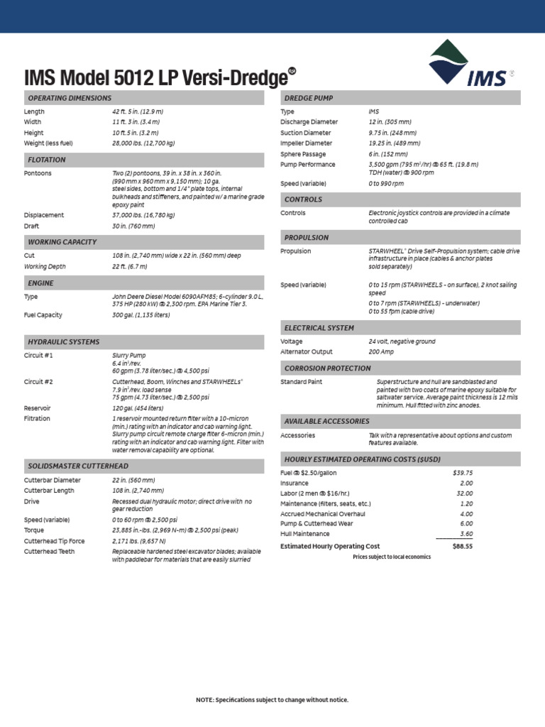 Model 5012 LP Versi Dredge Specs Master Spec Sheet - 2022 | PDF ...