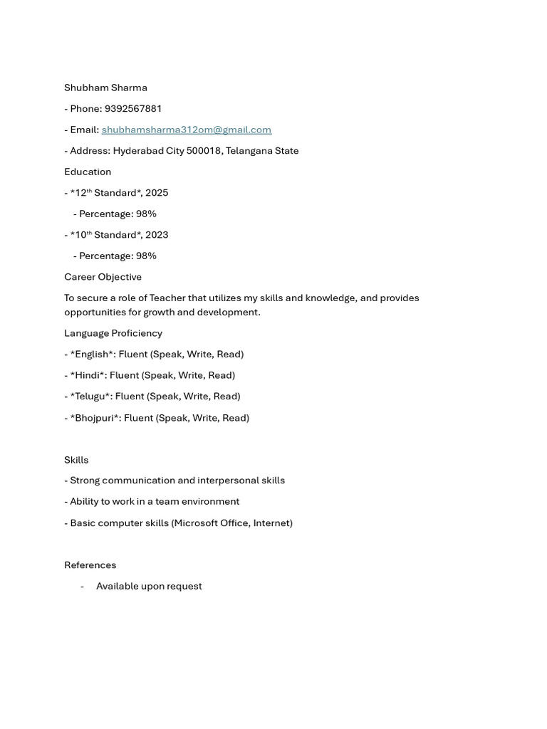 Teacher Resume of Shubham Sharma | PDF