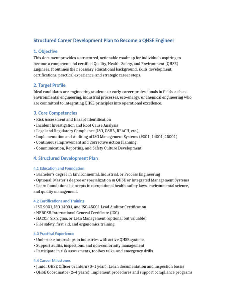 QHSE Engineer Development Plan | PDF | Occupational Safety And Health ...