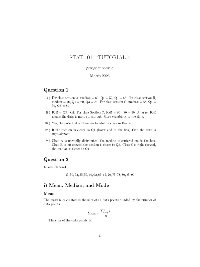 STAT - 101 - TUTORIAL - 4 Solutions | PDF | Quartile | Mean