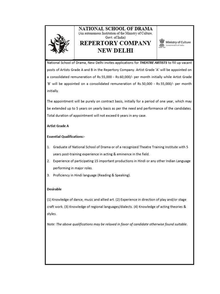 Detailed Advertisement Repertory Artist Recruitment 2025 | PDF | The ...