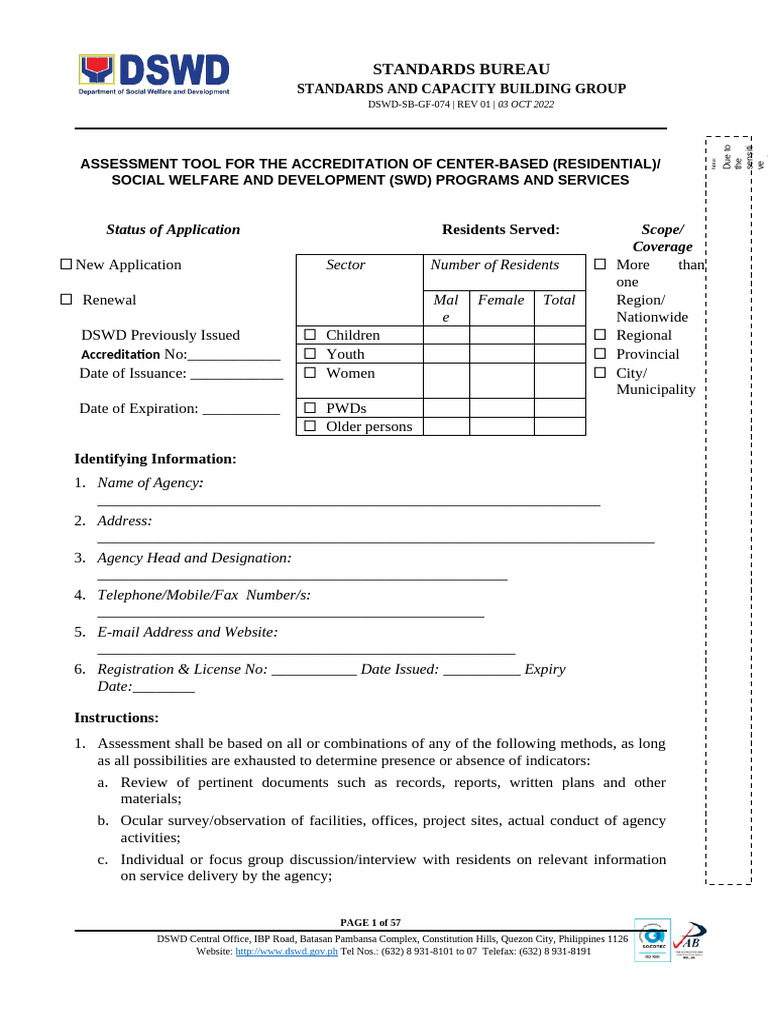 DSWD SB GF 074 Rev 01 Assessment Tool For The Accreditation of Center ...