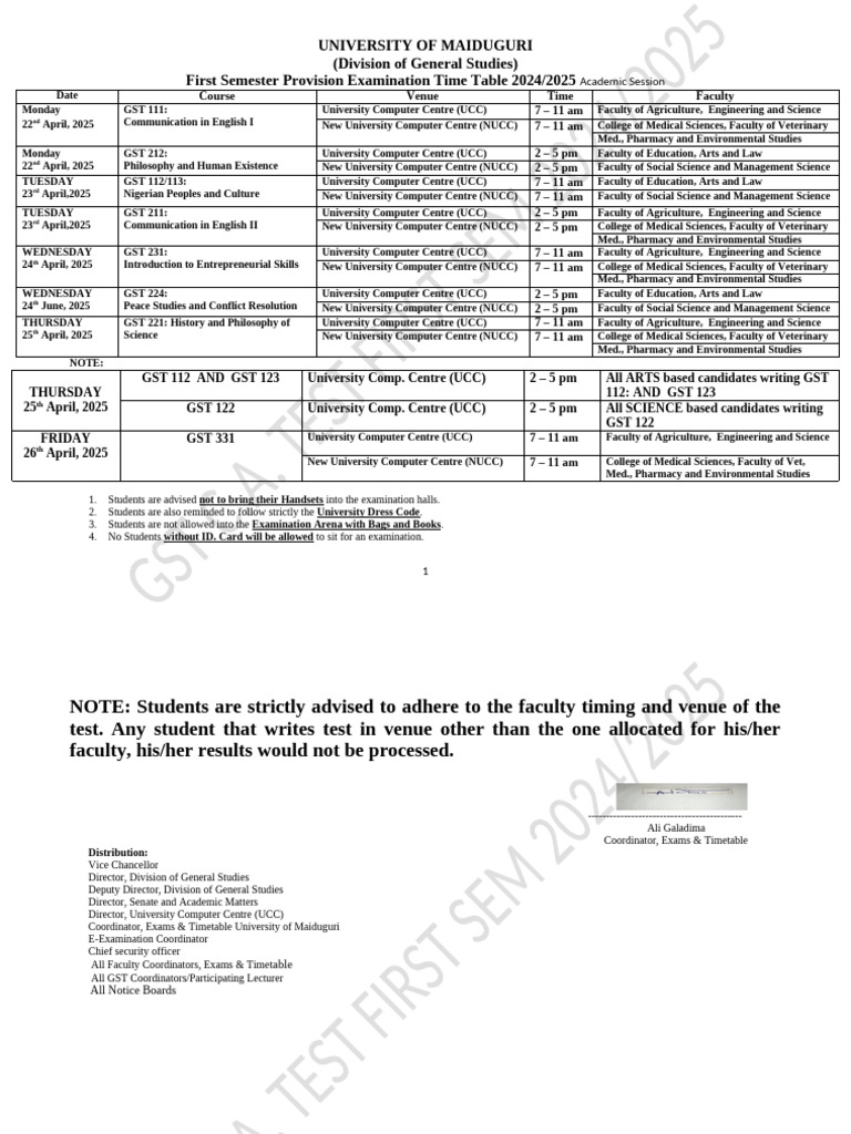 First Semester Provision Examination Time Table 2024 2025 Academic Session | PDF