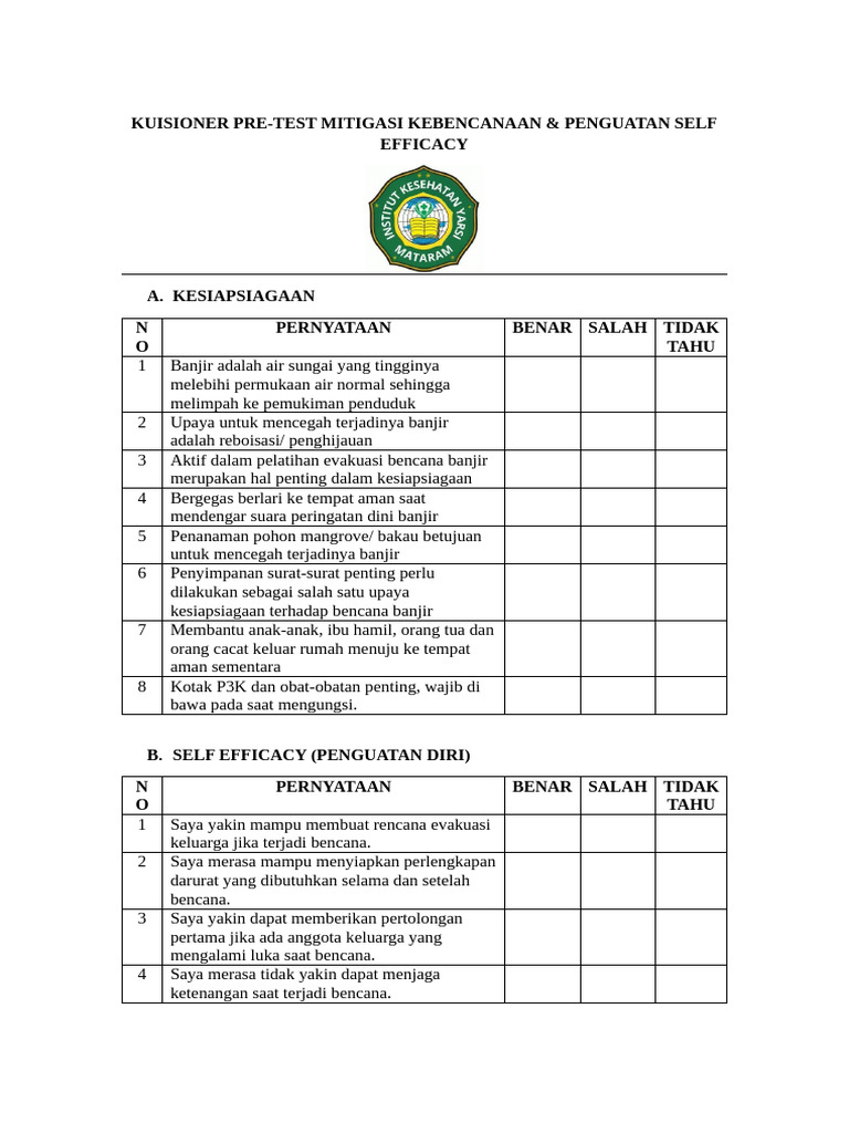 Kuisioner Mitigasi Bencana dan Self Efficacy | PDF