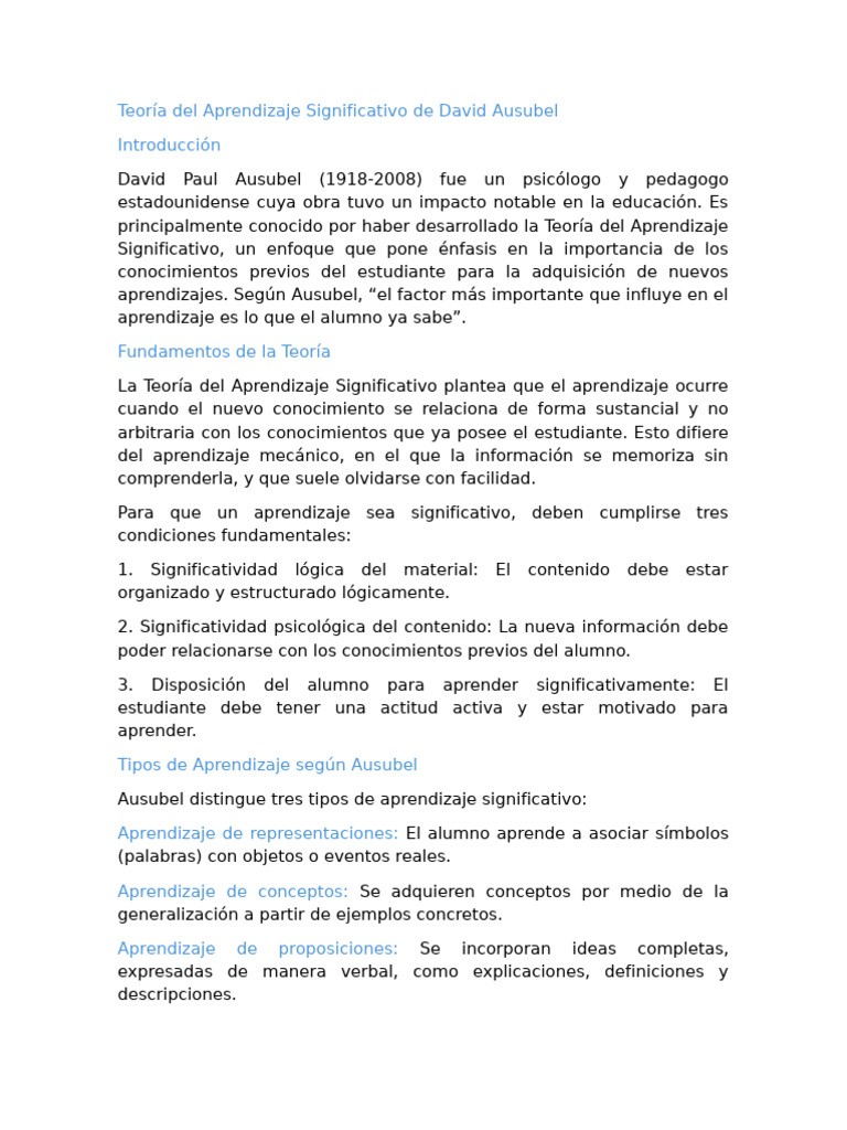 Teoría Del Aprendizaje Significativo de David Ausubel | PDF ...