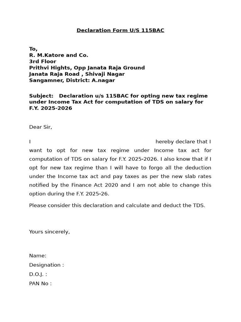 115BAC Declaration for New Tax Regime | PDF
