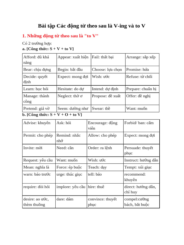 50 Bai Tap Cac Dong Tu Theo Sau La V Ing Va To V Co Dap An Chi Tiet | PDF