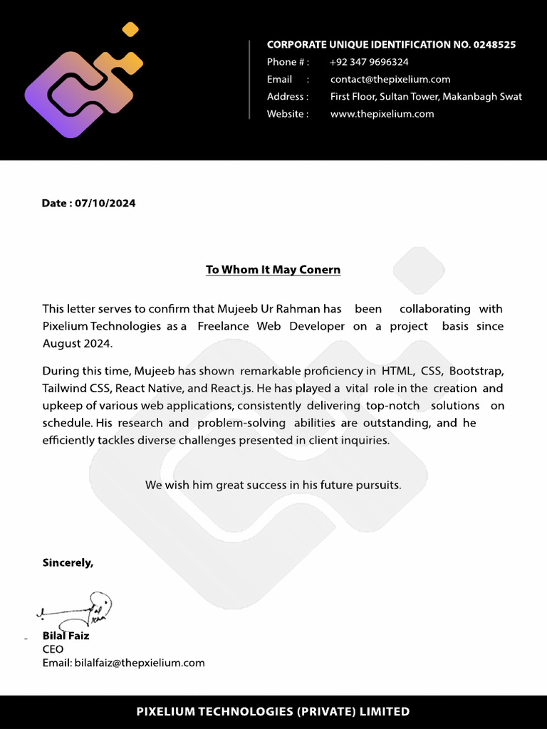 Mujeeb Ur Rahman Internship Letter 1 | PDF