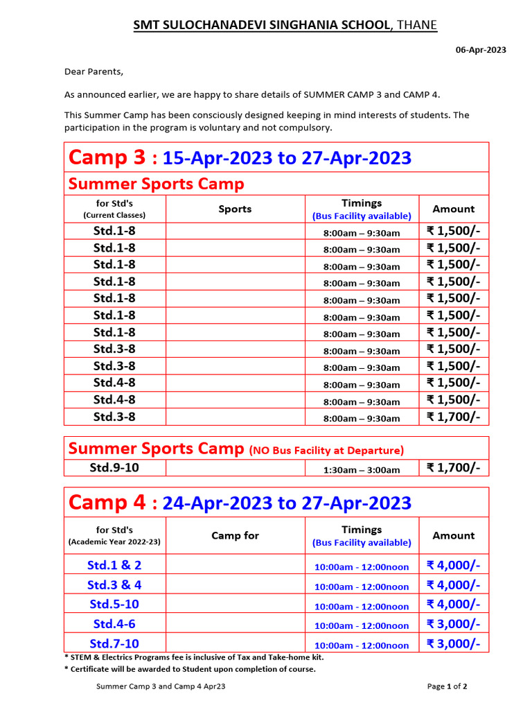 20230408-Summer Sports Camp 3 and Camp 4 Apr2023 | PDF