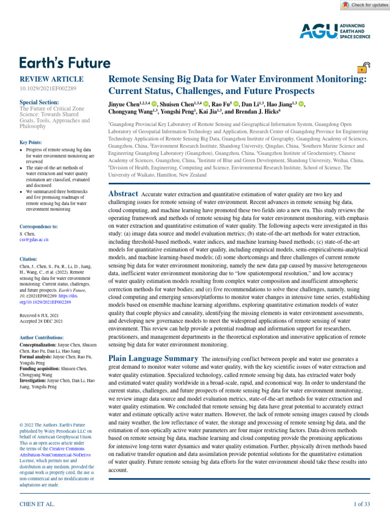 Earth S Future - 2022 - Chen - Remote Sensing Big Data For Water ...