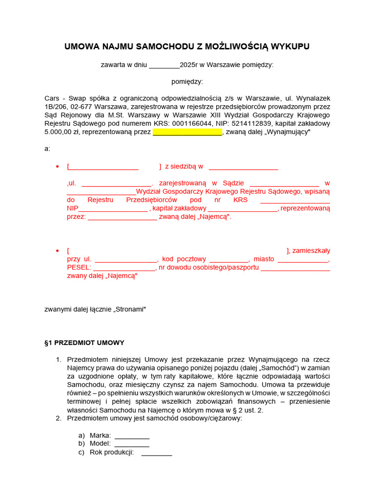 Umowa Najmu Z Wykupem (Raty Kapitałowe+Czynsz) | PDF