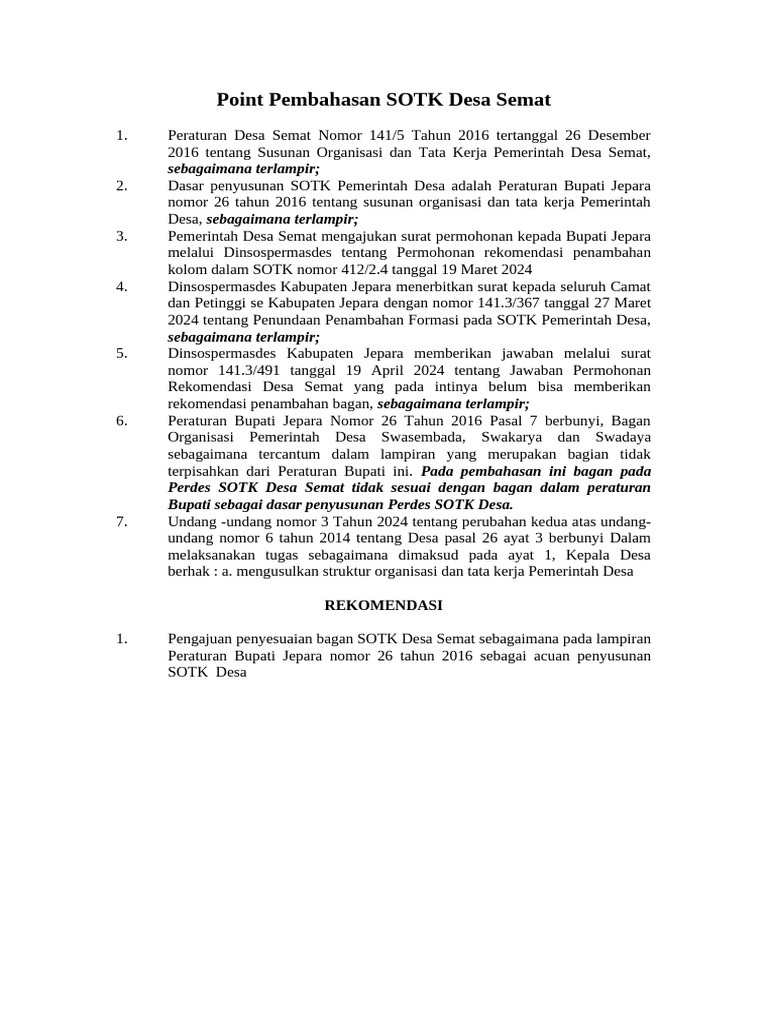 Penyesuaian SOTK Desa Semat Jepara | PDF