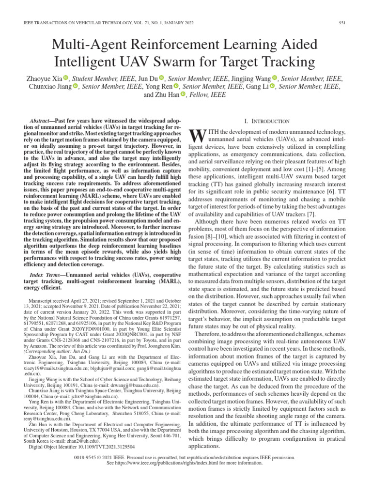 Multi-Agent Reinforcement Learning Aided Intelligent UAV Swarm For Target Tracking | PDF ...
