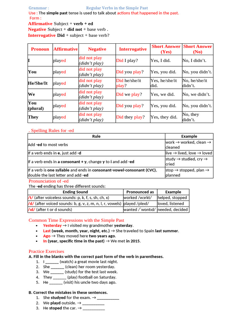 Grammar Regular Verbs in Past Simple Lesson | PDF | Languages | Foreign ...