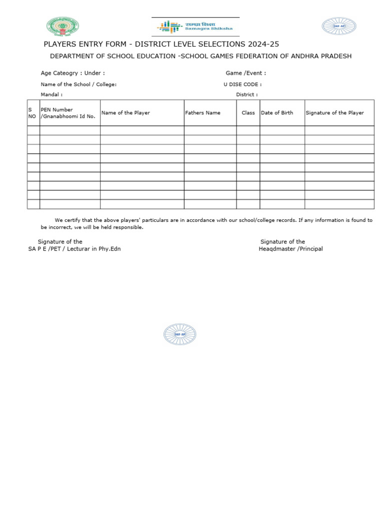 District Level Player Entry Form 2024-25 | PDF