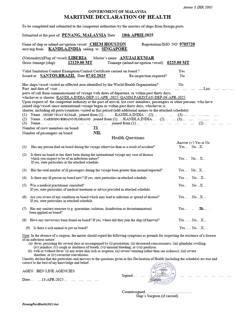 Borang Maritime Declaration of Health 2 - CHEM HOUSTON | PDF | Port ...