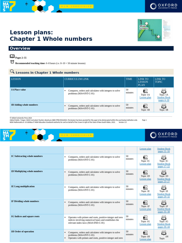 OM7NSW Chapter1 Lesson Plans | PDF | Numbers | Mathematics