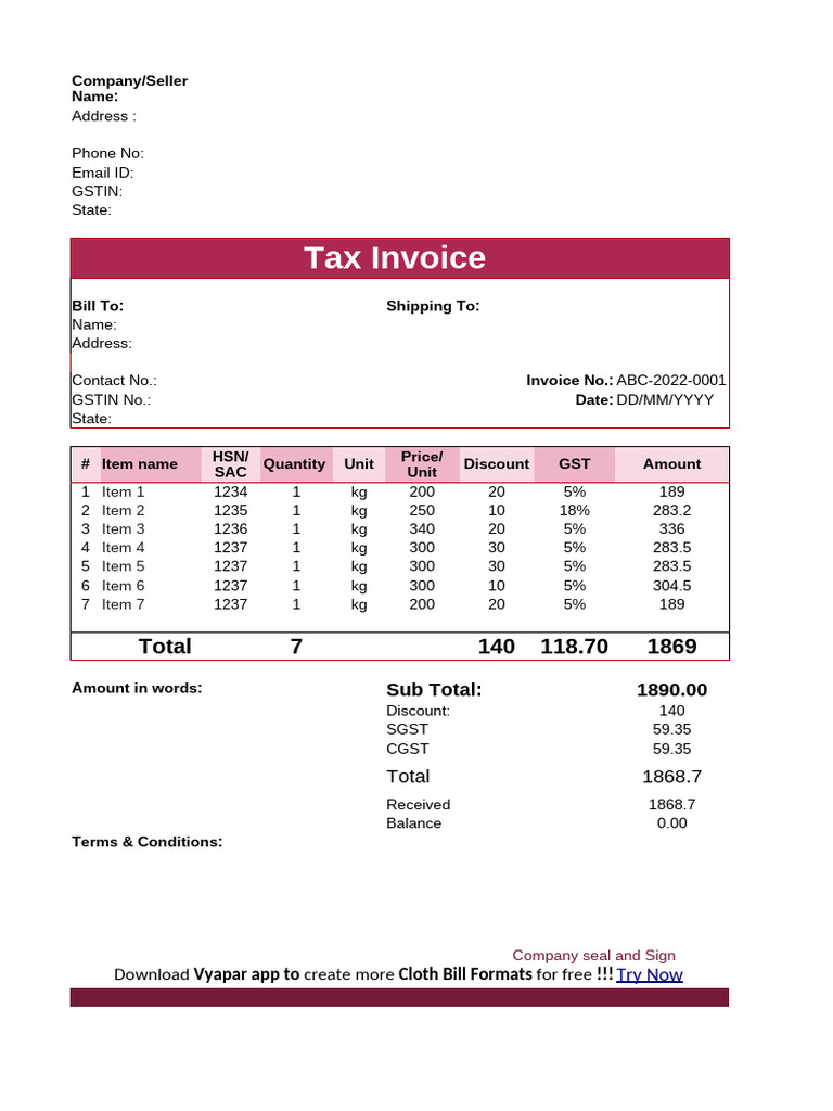 Cloth Bill Format 4 | PDF