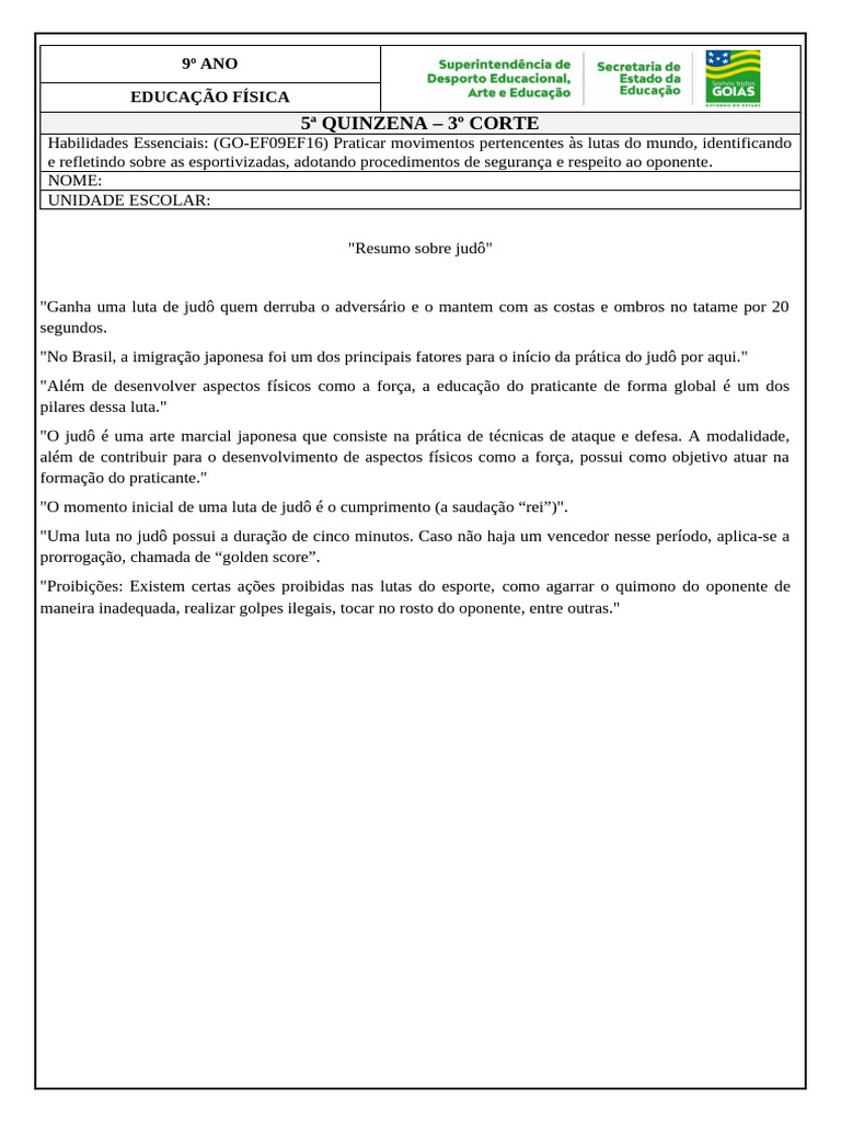 Atividade Judô 9° Ano 4° Bimestre. | PDF