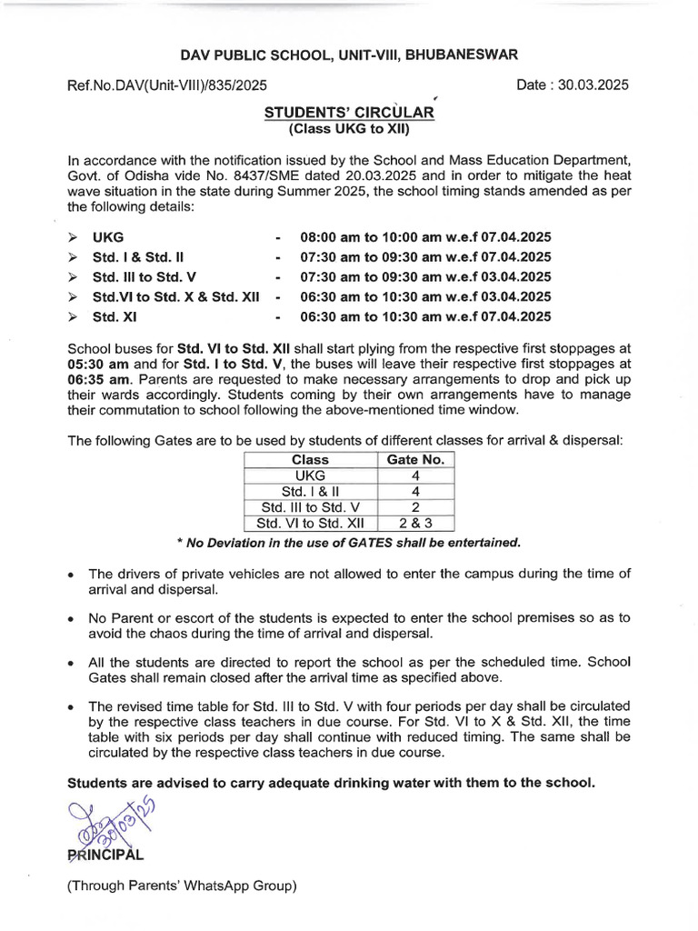 Students' Circular 835 - School Timing During Summer 2025 | PDF