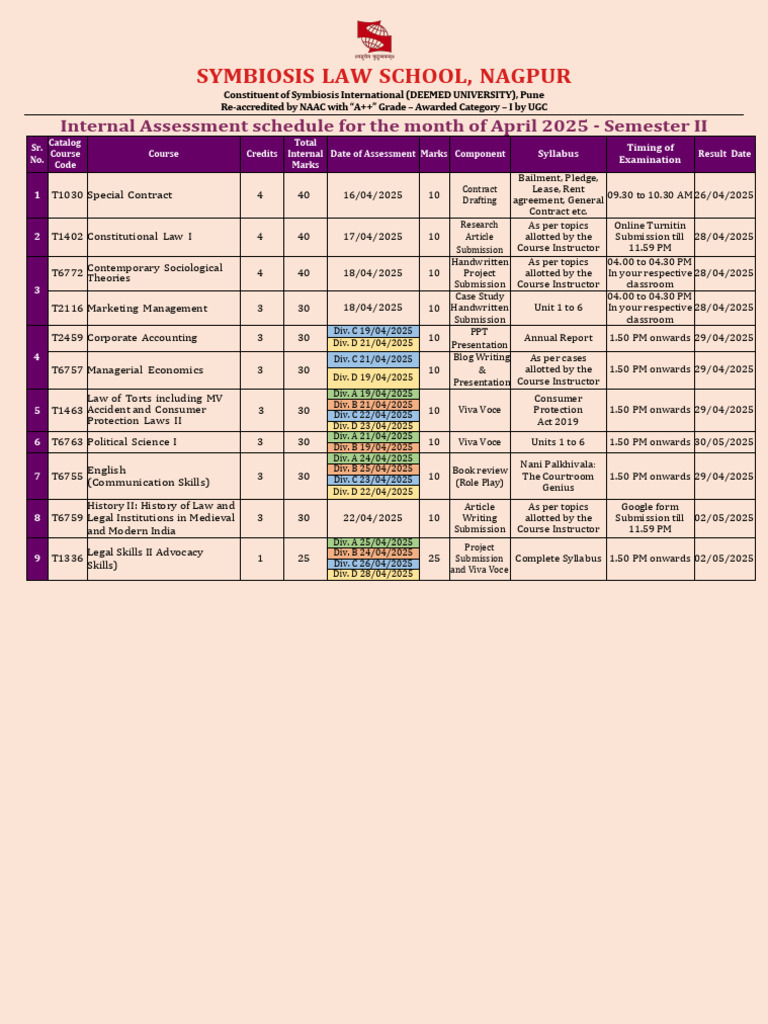 Third Internal Assessment Schedule - Sem II - 2024-29 | PDF | Justice ...