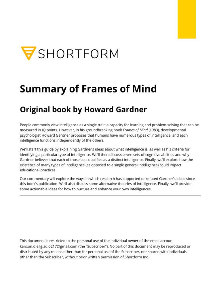 Shortform Summary - Frames of Mind | PDF | Intelligence | Mind