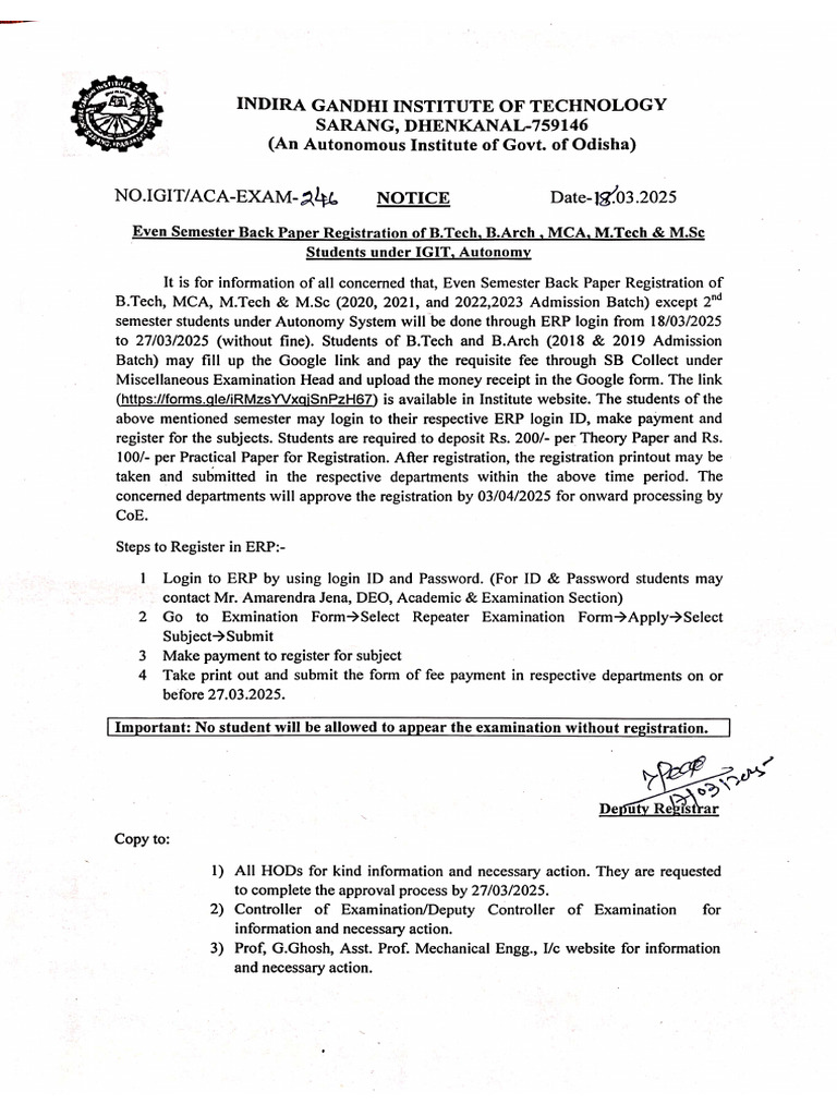 Even Semester Back Paper Registration Under Igit Autonomy (1) 1742306872 | PDF