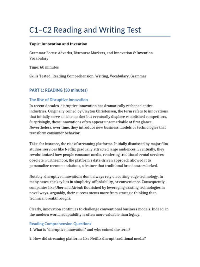 C1-C2_Reading_Writing_Test_Innovation (1) (1) | PDF | Disruptive ...