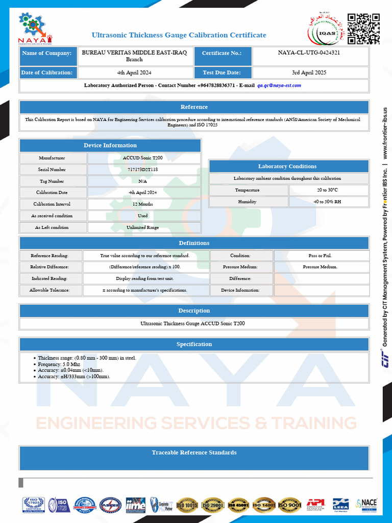 Certificate NAYA CL UTG 0424321 | PDF | Calibration | Metrology