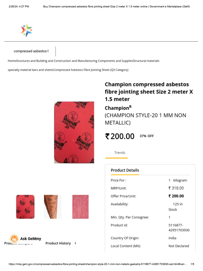 Buy Champion Compressed Asbestos Fibre Jointing - Government e ...