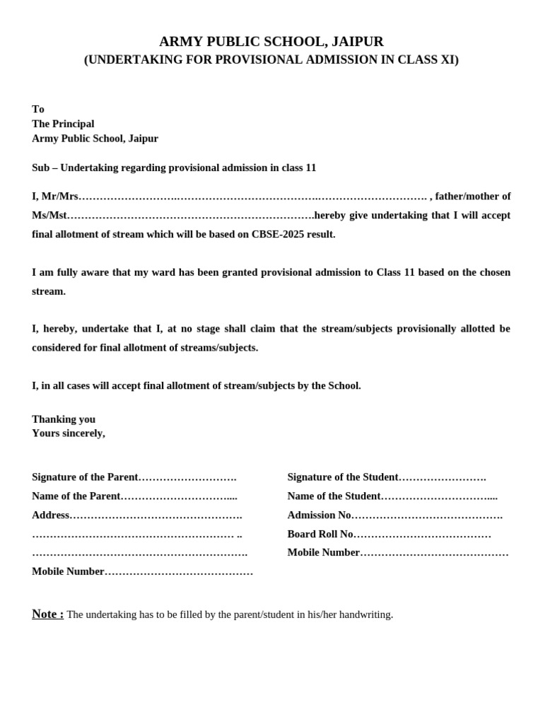 Undertaking For Provisional Admission in Class 11 | PDF