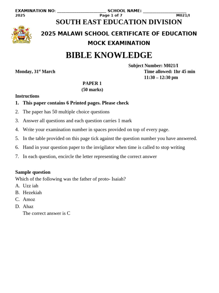 Bible Knowledge Mock Exam 2025 | PDF | Jesus | Paul The Apostle