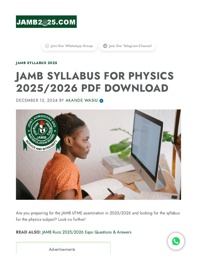 JAMB Syllabus For Physics 2025 - 2026 PDF Download - JAMB 2025 | PDF ...
