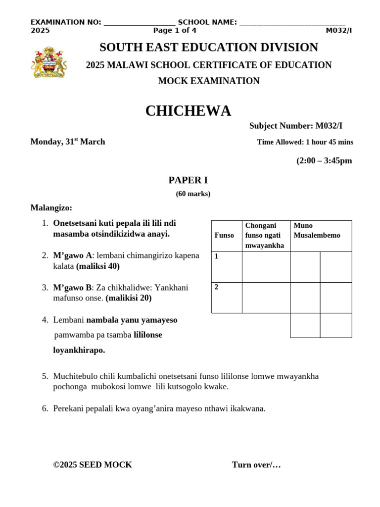 2025 SEED CHICHEWA PAPER I MOCK | PDF 2025 SEED CHICHEWA PAPER I MOCK | PDF