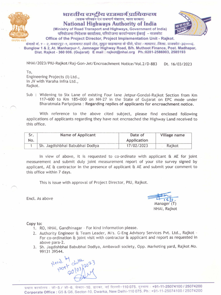 2023.03.16 D-883 Regarding Replies of Applicants For Encroachment ...