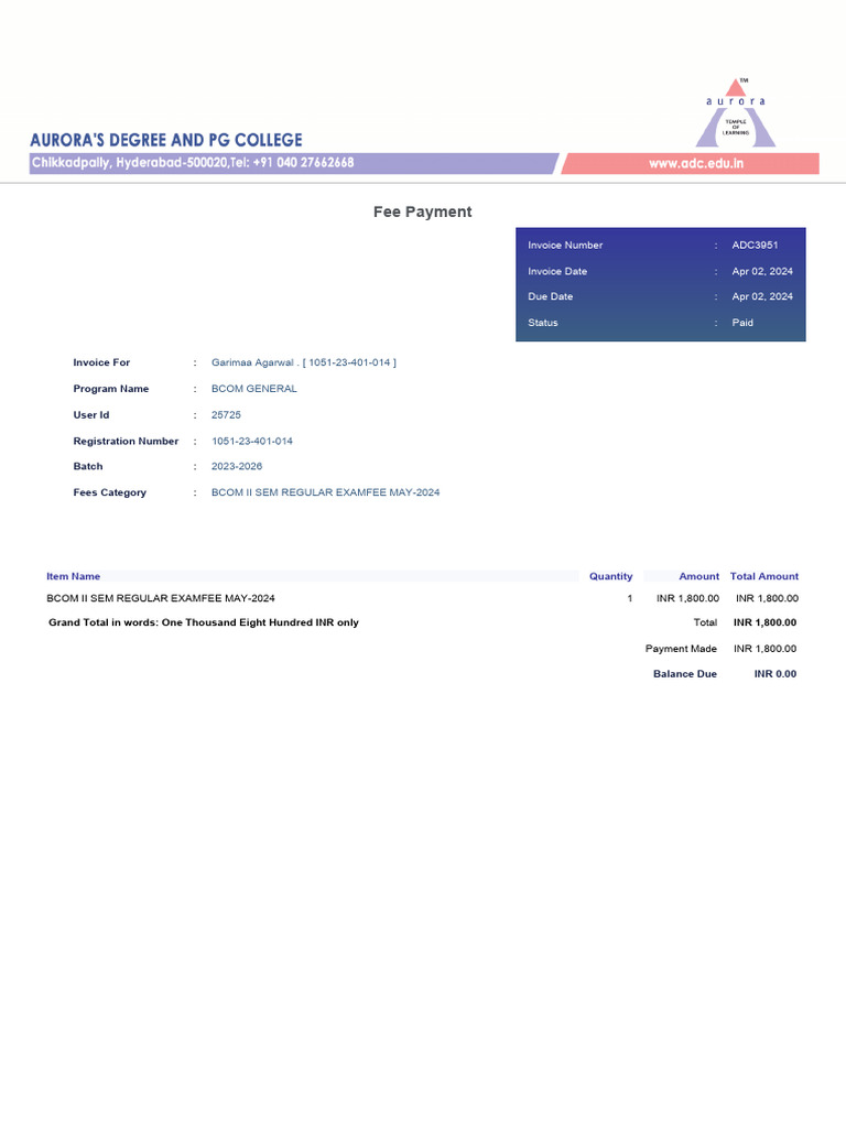 BCOM II SEM Exam Fee Payment Receipt | PDF