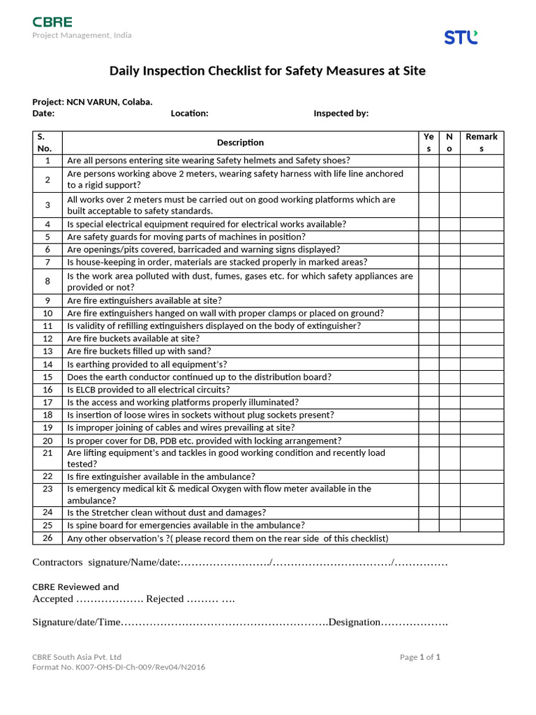 Daily Safety Inspection Checklist India | PDF | Electricity | Equipment