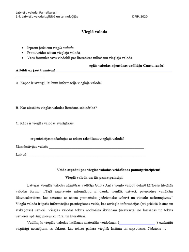 Viegla Valoda - 10 - Klasei - Darba Materiāls | PDF