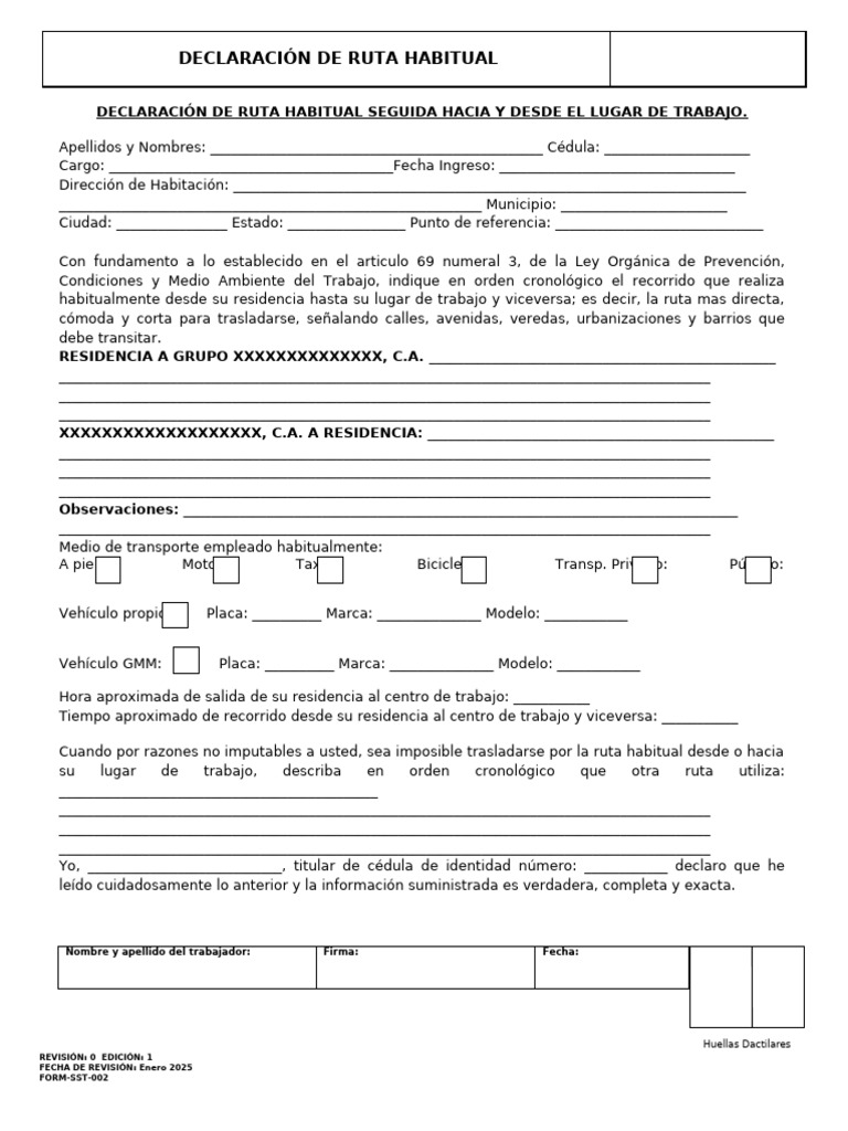 Form-Sst-002 Declaración de La Ruta Habitual | PDF | Transporte ...
