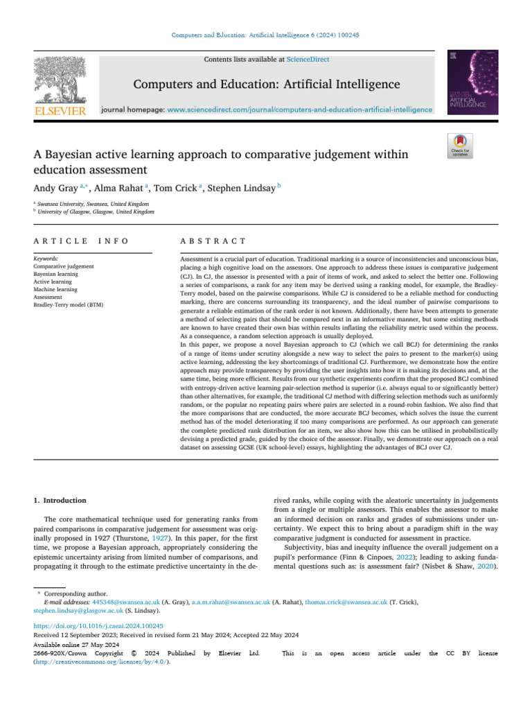 A Bayesian Active Learning Approach To Compara 2024 Computers and Education | PDF | Bayesian ...